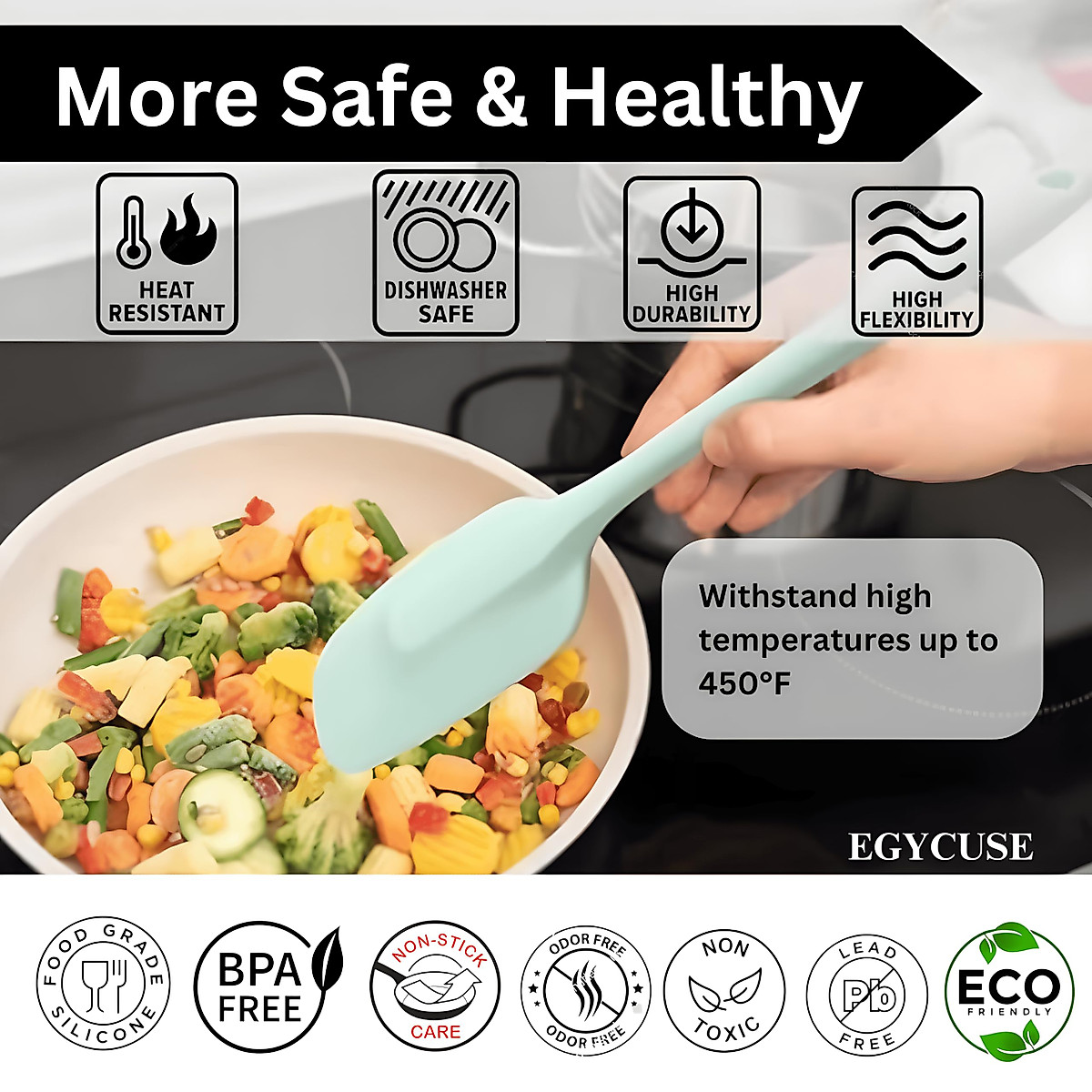 EGYCUSE Food Grade Silicone Spatula, Mixing High Heat Resistant Non Stick, Silicone Rubber Spatula Set for Baking, Cooking, Dishwasher Safe BPA-Free, with mini rubber oven gloves Set of 6 (Mix)