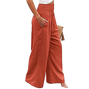 uSecee Linen Pants for Women Elastic High Waisted Wide Leg Palazzo Pants Casual Loose Long Lounge Pant Trousers with Pockets Orange