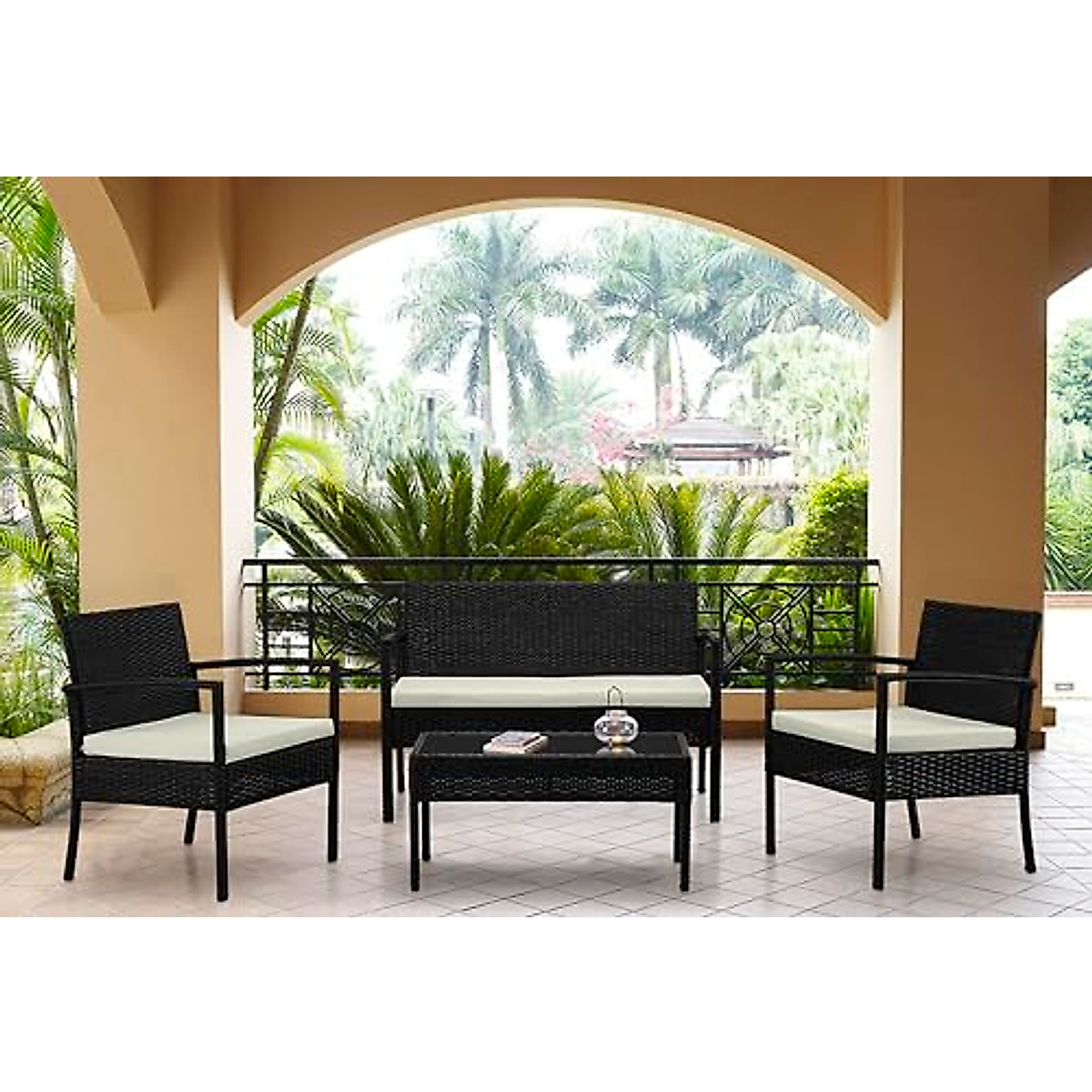 Manhattan Comfort Noli 4-Piece Patio Conversation Set, Outdoor Furniture Made of Steel Rattan | Includes 2 Modern Armchairs, Loveseat, Tempered Glass Coffee Table, Removable Waterproof Cushions, Cream