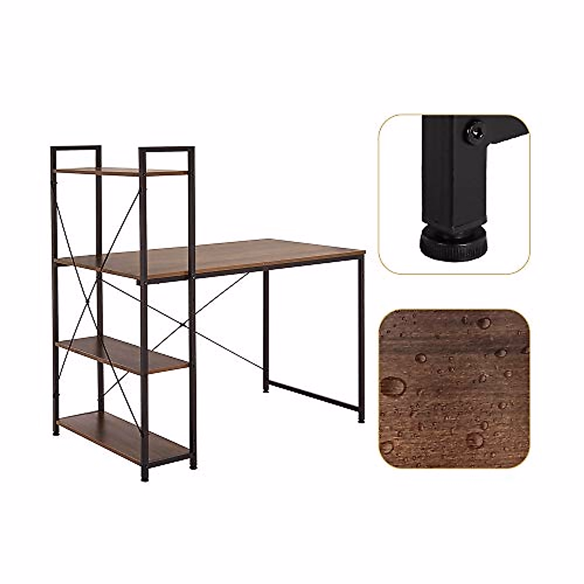 Coral Flower Tower Computer Desk with 4 Tier Shelves - 47.6'' Multi Level Writing Study Table with Bookshelves Modern Steel Frame Wood Desk Compact Home Office Workstation (Natural brown)