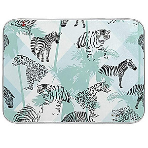 Tropical Leopards Tiger Lion Zebra Dish Drying Mat 24"x18" Absorbent Machine Washable Hanging Fast Dry Pad Dish Protective Mat for Kitchen Countertop Heat Resistant Dinner Table Mat