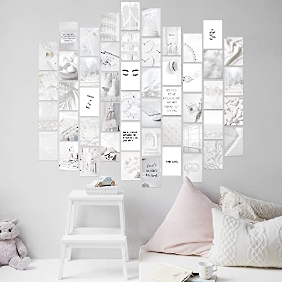 White Photo Collage Kit for Wall Aesthetic | Minimalist White and Grey Wall Posters for Teen Girl Dorm Room Decor | 50 Set 4x6 Inch
