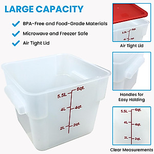 Fonteme Polypropylene Square Food Storage Container - 6 Qt | Translucent Plastic Food Container with Red Lid & Easy-to-Read Measurements | BPA-Free and Dishwasher Safe | Keeps Food Fresh and Safe
