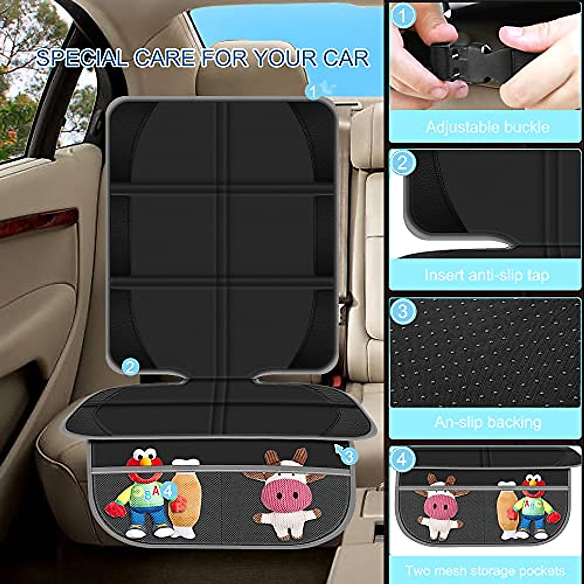 J&C Car Seat Protector for Child Carseat Waterproof Baby Car Seat Protector with Thickest Padding， Non-Slip Backing 2 Pockets, Fit for SUV Sedan Leather Seats