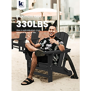 KINGYES Folding Adjustable Adirondack Chair with Retractable Ottoman Set of 4, HDPE All Weather Chair with Cup Holder - Versatile Adirondack Chair, Black