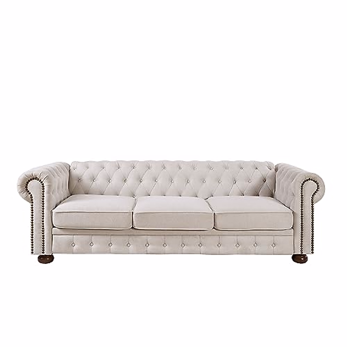 FANYE 88.5" 3-Seaters Chesterfield Clasic Luxury Roller Armrest Special Wood Legs Sectional,Button Tufted Linen Fabric Upholstered Modular Sofa Couch with Removable Cushions & Nailhead Decor, Beige