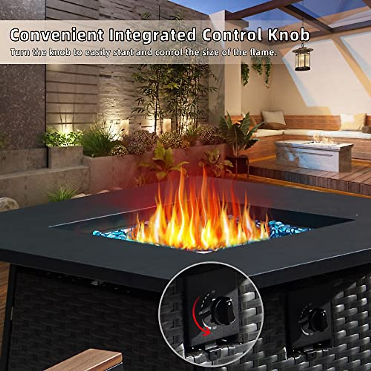 Domi Gas FirePit Table, 28 Inch 50,000 BTU Outdoor Wicker Patio Propane Firepit w/Blue Glass Rocks, Hideaway Tank Holder, ETL Certification, Cover Lid, Wood Look Tabletop (Square)