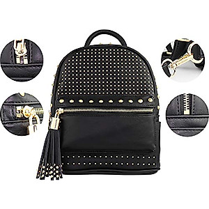 B BRENTANO Vegan Studded Multi-Zipper Top Handle Mini Backpack with Tassel Accents (Studded Black)