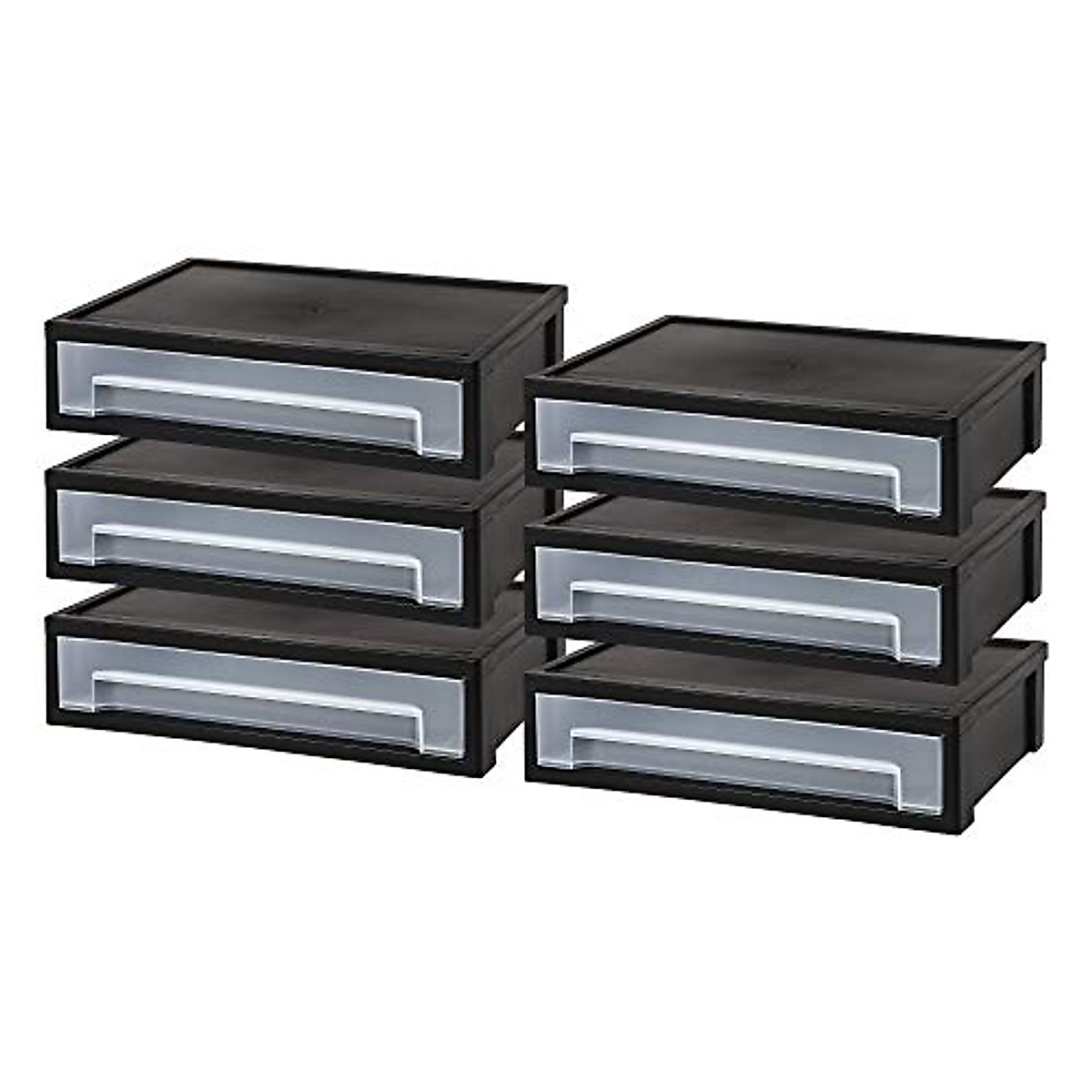 IRIS USA Medium Desktop Stacking Drawer, 6-Pack, Sliding Plastic Drawer Storage Container for Stationery Art Craft Supplies Fabric Tools Kitchen Pantry Office and Garage Organization, Black