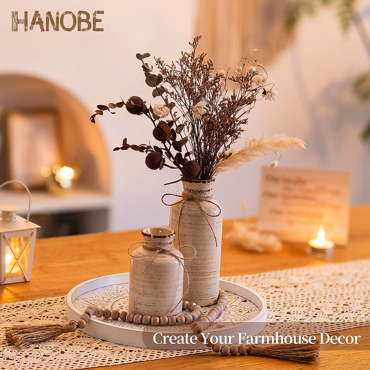 Hanobe Decorative Coffee Table Tray: Round Wood Trays for Boho Home Decor White Farmhouse Rustic Centerpiece for Living Dining Room Ottoman Kitchen Counter 12 Inch