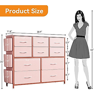 TrailBlaze Multifunctional Drawer Tower - Spacious Storage with 10 Drawers, Fabric Pockets, Hooks, Sturdy Steel Frame, Waterproof Wood Top, Anti-Tip Safety, Easy Assembly(Pink)