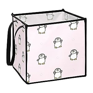 KEEPREAL Pink Background Penguin Cube Storage Bin with Handles, Large Collapsible Organizer Storage Basket for Home Decorative(1Pack,13 x 13 x 13 in)