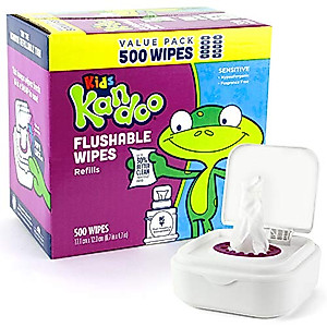 Kandoo Flushable Wipes for Baby and Kids, Unscented for Sensitive Skin, Hypoallergenic Potty Training Wet Cleansing Cloths, 50 Count, 10 Pack + Tub