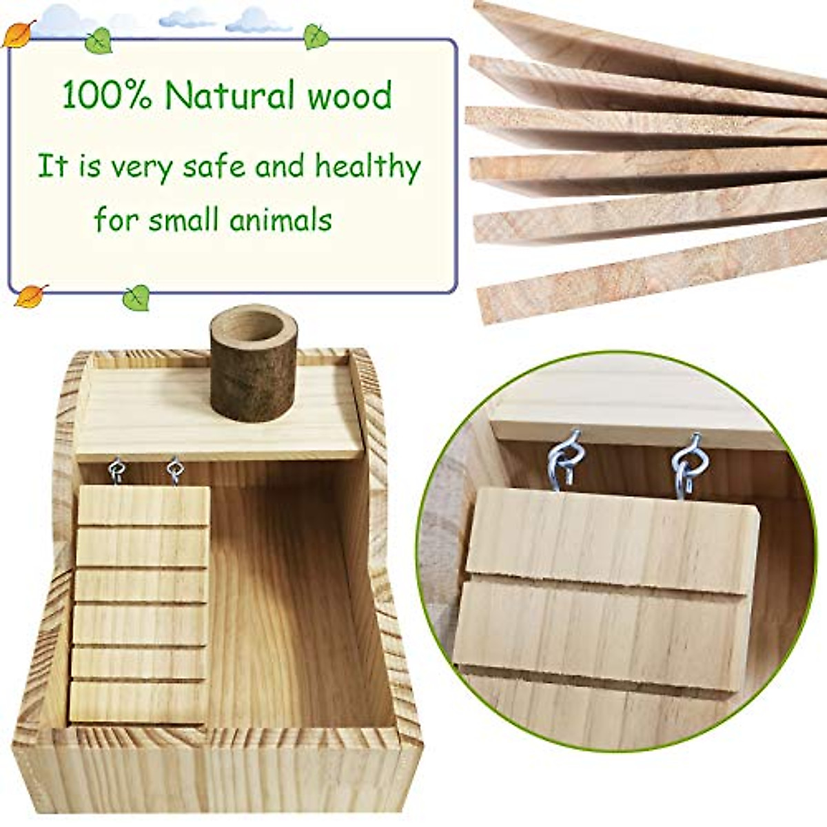 kathson Hamster Sand Bath Box Wooden Small Animals Shower Room Chinchilla Digging Sand Bathtub Container with Climbing Ladder Bowl for Dwarf Syrian Mice Mouse Gerbils Hedgehog