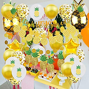 Gold Glitter Pineapple Party Decorations Summer Pineapple Garland Banner Pineapple Garland Latex Balloons Pineapple Foil Balloons Cupcake Toppers for Bachelorette,Birthday Luau Summer Party Decoration