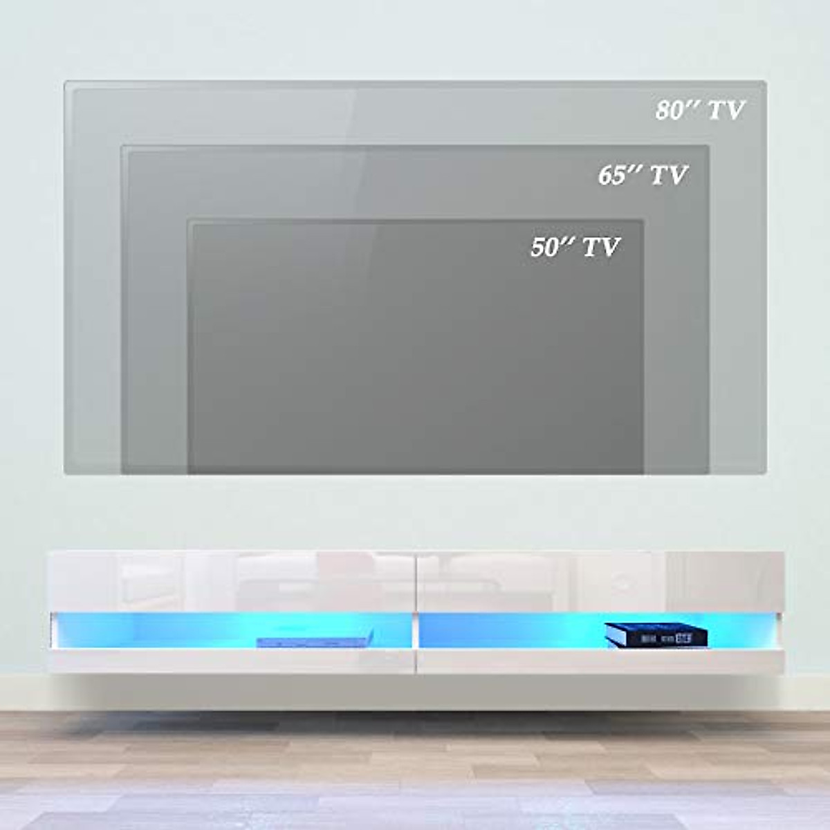 jeerbly 71 Inch TV Stand Cabinet Wall Mounted Floating Television Stand up to 80" TVs with 20 Color LEDs White Modern High Gloss Storge Shelf Entertainment Center Console Table for Living Room