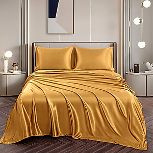 4 Piece Satin Sheet Set Bedding Set Full Size Bedding Set 4 Piece Gold Durable & Soft (Flat Sheet + Fitted 18'' + 2 Pillowcases) Bedding Satin Sheets