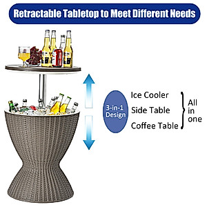 Giantex Cool Bar Table, 8 Gallon Beer and Wine Cooler, Rattan Style Patio Bar Tables, Height Adjustable, 3-in-1 Ice Cooler with Drainage Plug, Outdoor Cocktail Table for Deck Pool Party (Coffee)