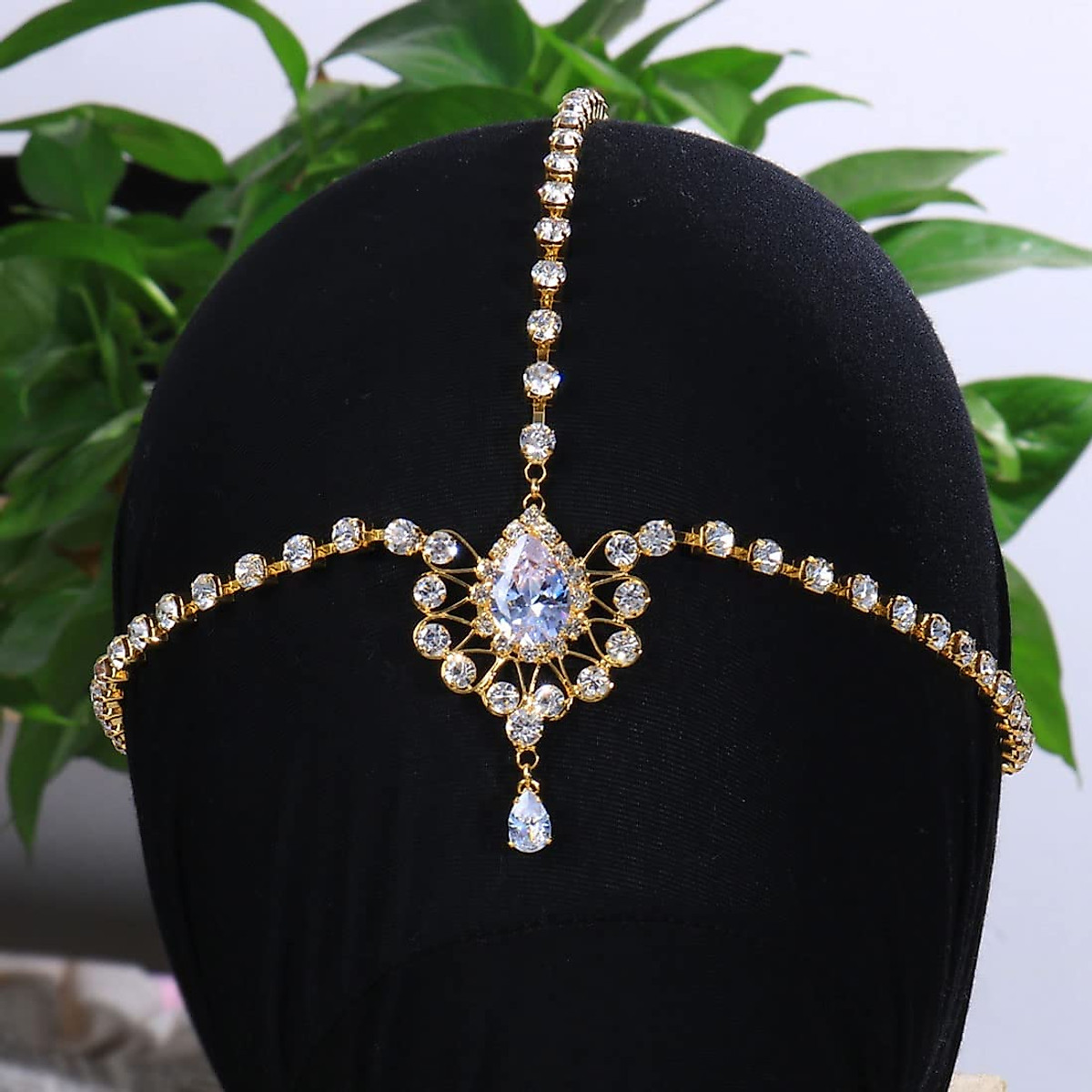 StoneFans Forehead Rhinestone Head Chain Headpiece for Women Boho Crystal Wedding Drop Hair Chain Jewelry Bride