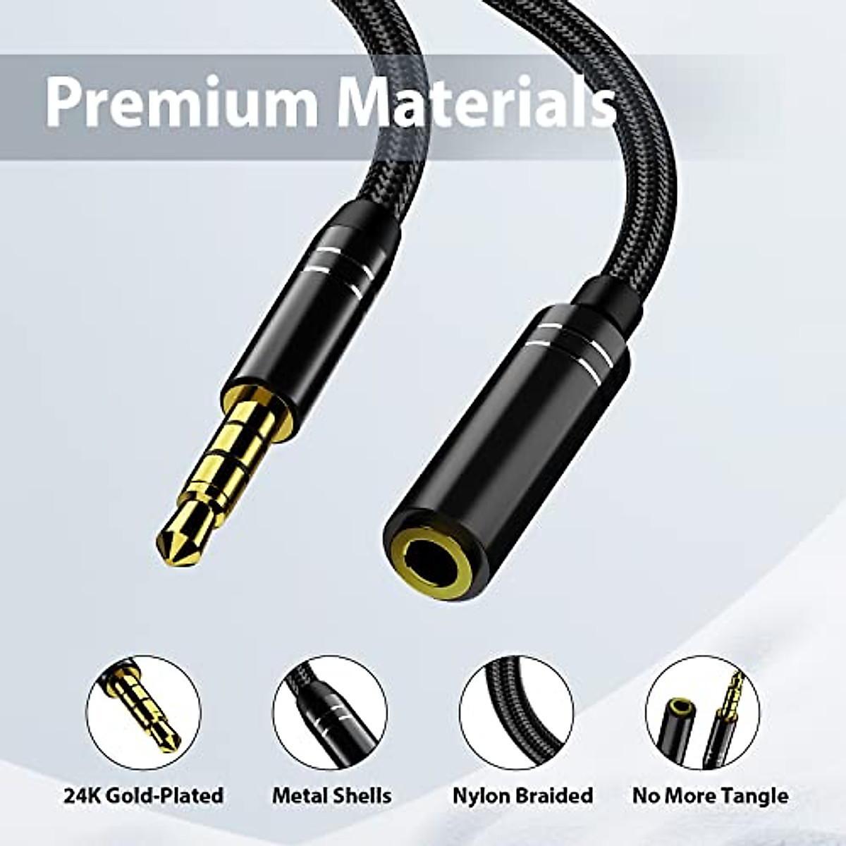 PVJALI Headphone Extension Cable(4Ft/1.2M), 3.5mm Audio Cable Male to Female, 4 Pole Hi-Fi Stereo Sound AUX Cord Extender for All 3.5 mm Enabled Devices (2 Pack - Nylon Braided Black)