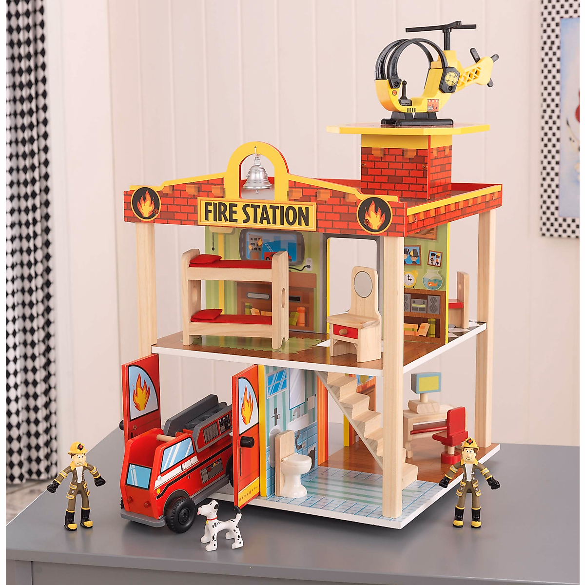 KidKraft Wooden Fire Station Set for 360 Degree Play - Wooden Construction, Working Garage Doors, Bendable Figures, Young Children Toy, Comes with Instructions, Scree Free Toy, Gift for Ages 3+
