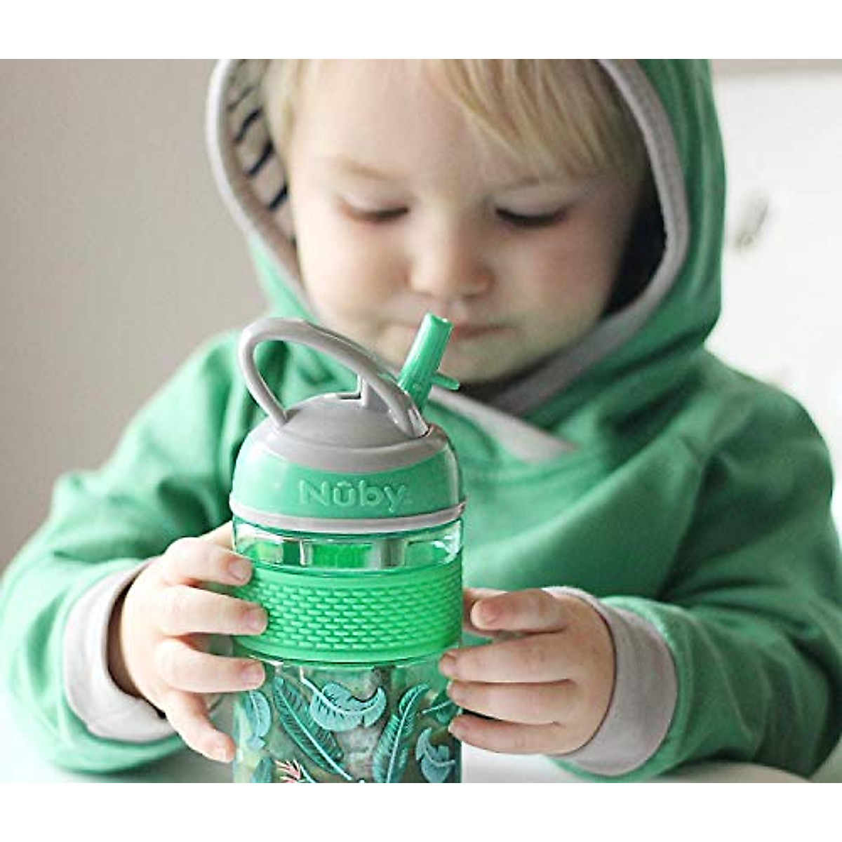 Nuby Thirsty Kids Flip-it Freestyle On The Go Water Bottle with Bite Resistant Hard Straw and Easy Grip Band, Green Banana Leaves, 12 Ounce