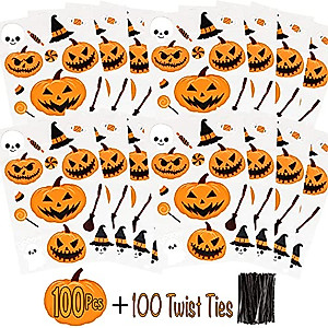 AnapoliZ Halloween Treat Bags | 100 pcs (6” x 9” Inch) |2.5 Mil Crystal Clear Cellophane Bags with Halloween Designs | Pumpkins, Witches Cello Bags | Halloween Party Decorations, Spooky Treat Bags