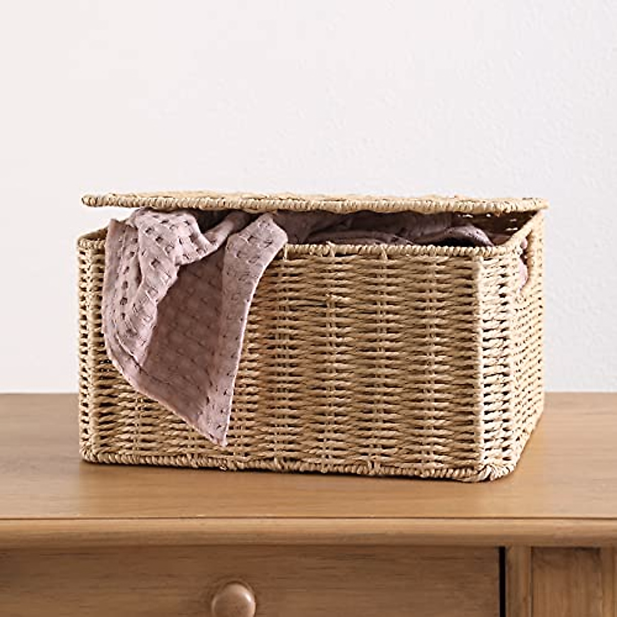 Motifeur Hand-woven Paper Rope Baskets With Lids, Multi-purpose Stackable Utility Organizers (Set of 3, Large 12.6"x9.8"x7.3", Medium 11.8"x7.9"x6.3", Small 9.8"x5.9"x5.5", Natural/Beige)