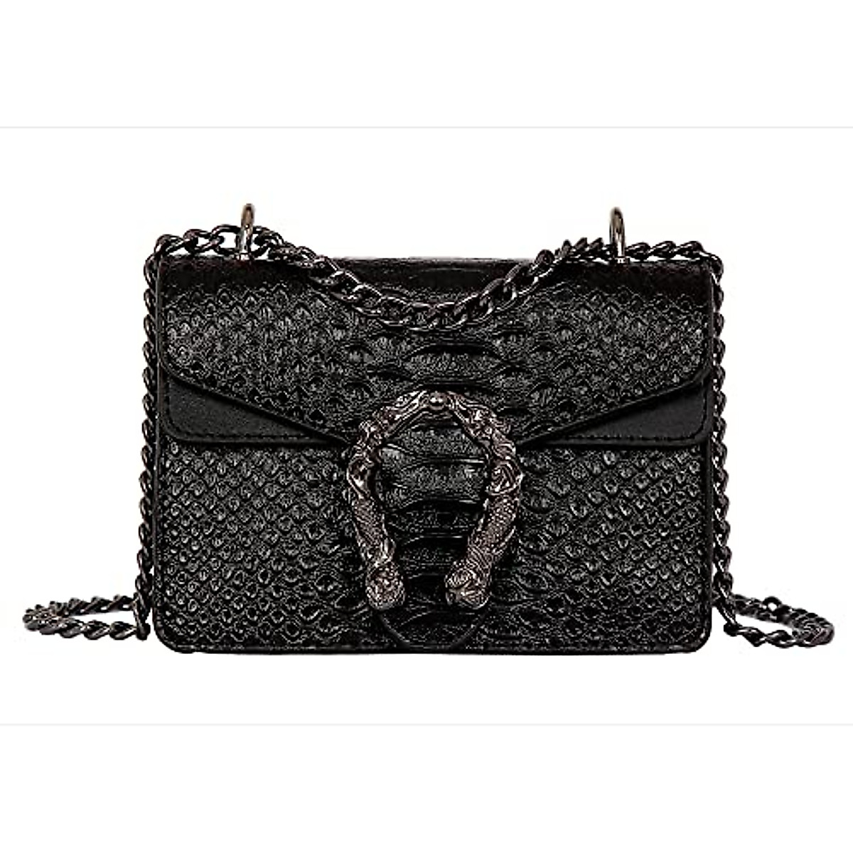 GLOD JORLEE Trendy Chain Crossbody Bags for Women - Luxury Snake-Printed Leather Shoulder Satchel Bag Evening Clutch Purse Handbags (Black, Size:XS)