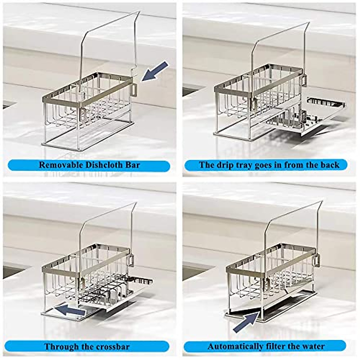 DMJWAN Kitchen Sink Caddy Organizer, 304 Stainless Steel Sponge Holder Sink Caddy for Dish Rags Brush Soap Scrubber with Auto Drain Tray