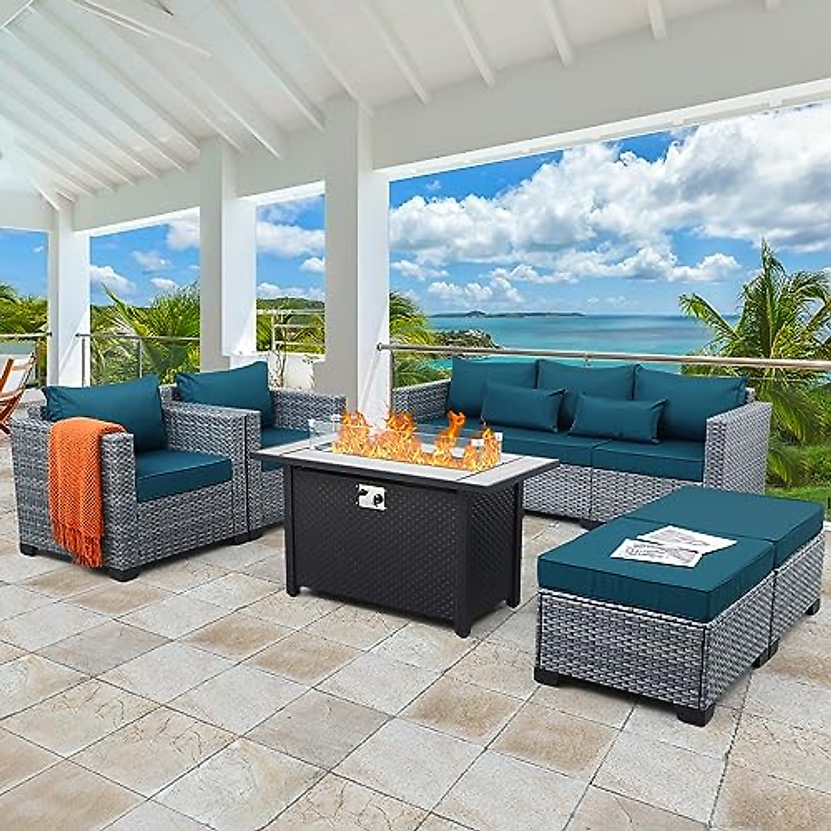 Lviden 6 Pieces Wicker Patio Furniture Sets Outdoor Conversation Set PE Rattan Sectional Sofa Couch with 45" Fire Pit Table and Peacock Blue Cushions