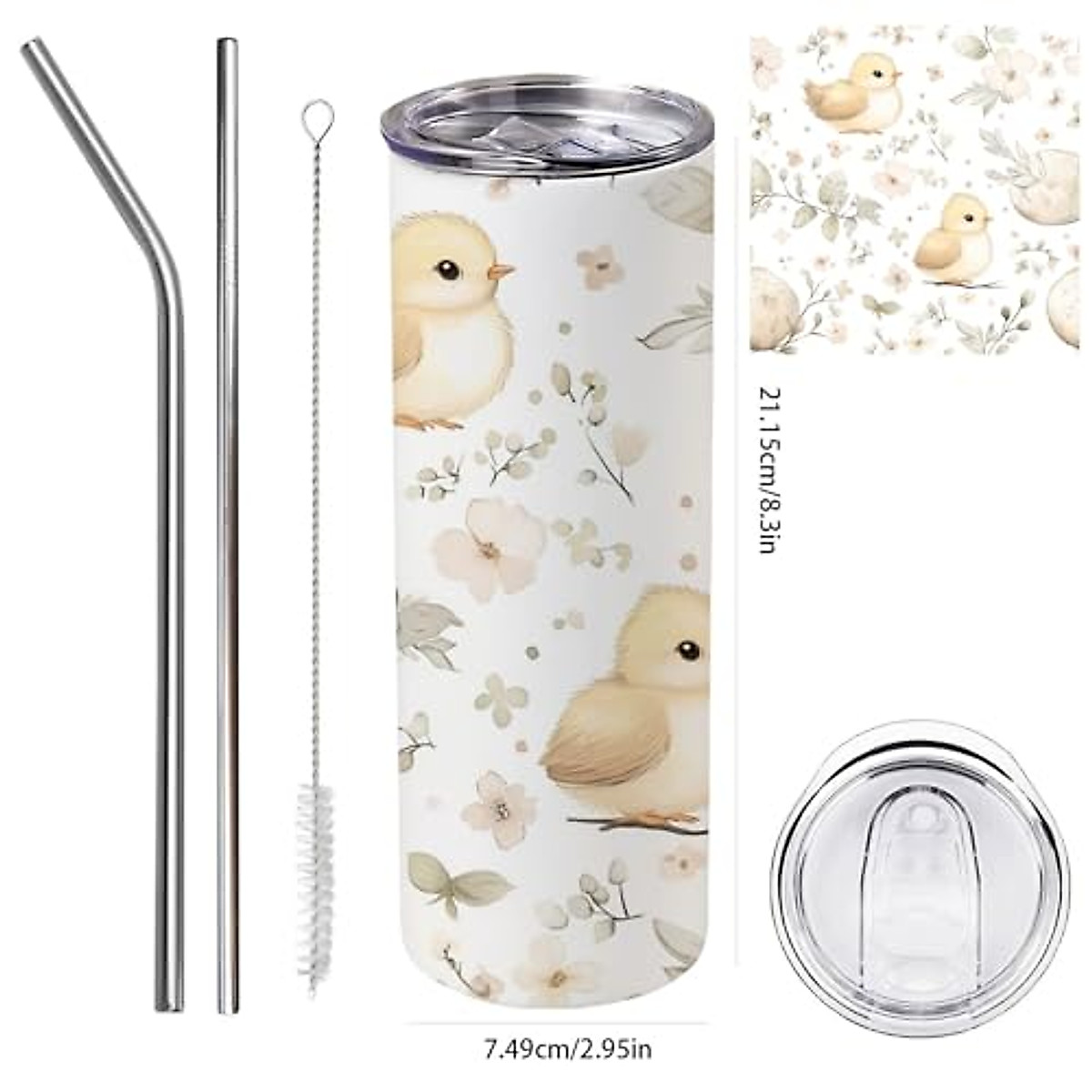 Tumbler with Lid and Straw Cartoon Bird and Flowers thermos coffee travel mugcute cups 20 oz insulated tumbler for Daily Holiday Decor Gift coffee cup