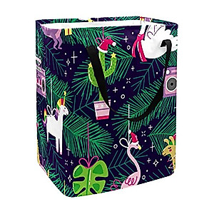 Christmas Hat Dinosaur Flamingo Unicorn Swan Cactus Print Collapsible Laundry Hamper, 60L Waterproof Laundry Baskets Washing Bin Clothes Toys Storage for Dorm Bathroom Bedroom