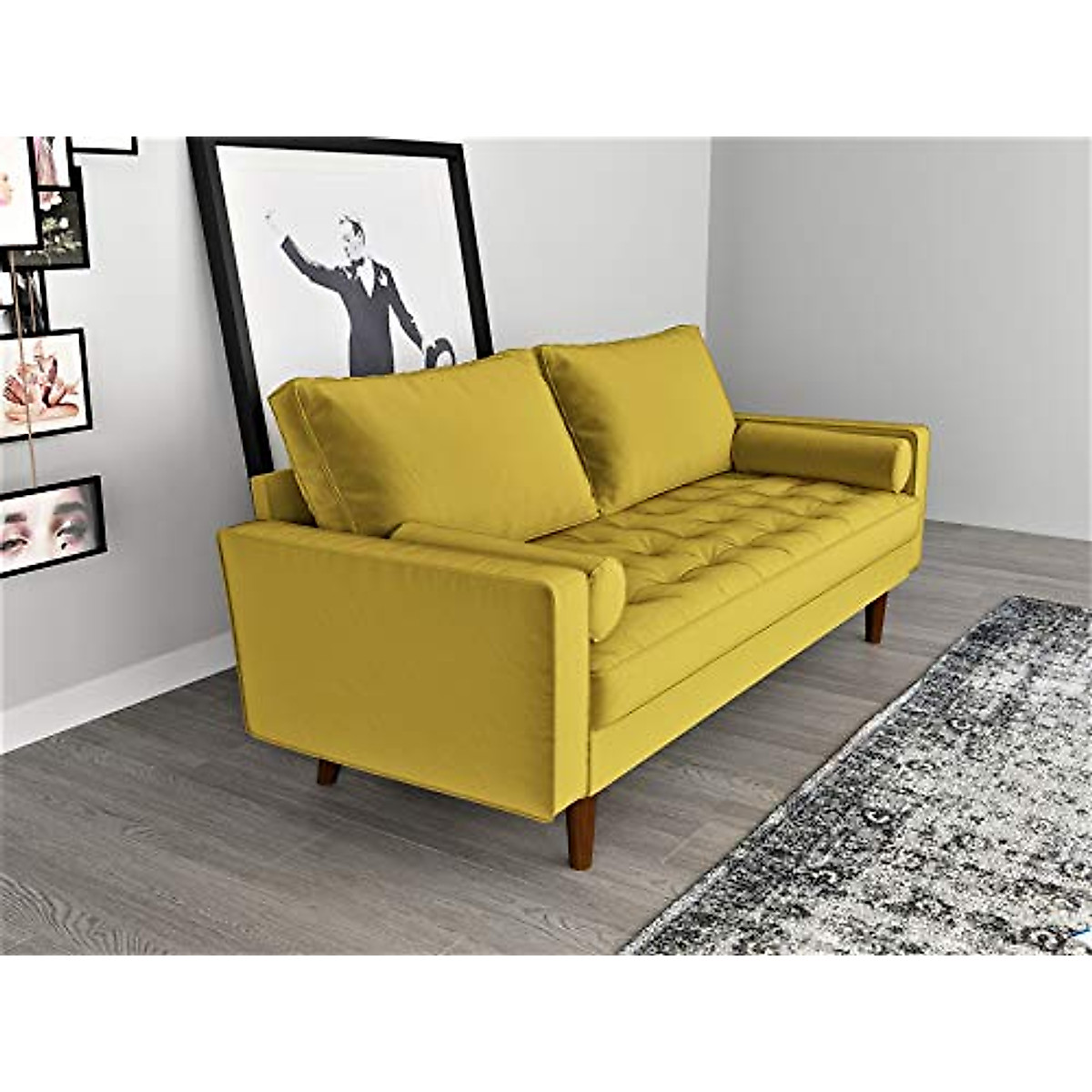 Container Furniture Direct Womble Modern Velvet Upholstered Living Room Diamond Tufted Chesterfield Sofa with Gleaming Nailheads, Textured Gold