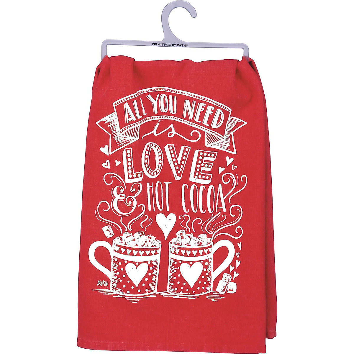 Primitives by Kathy Decorative Kitchen Towel - All You Need is Love & Hot Cocoa, Fun Festive with Heart, Mug, Marshmallow Design