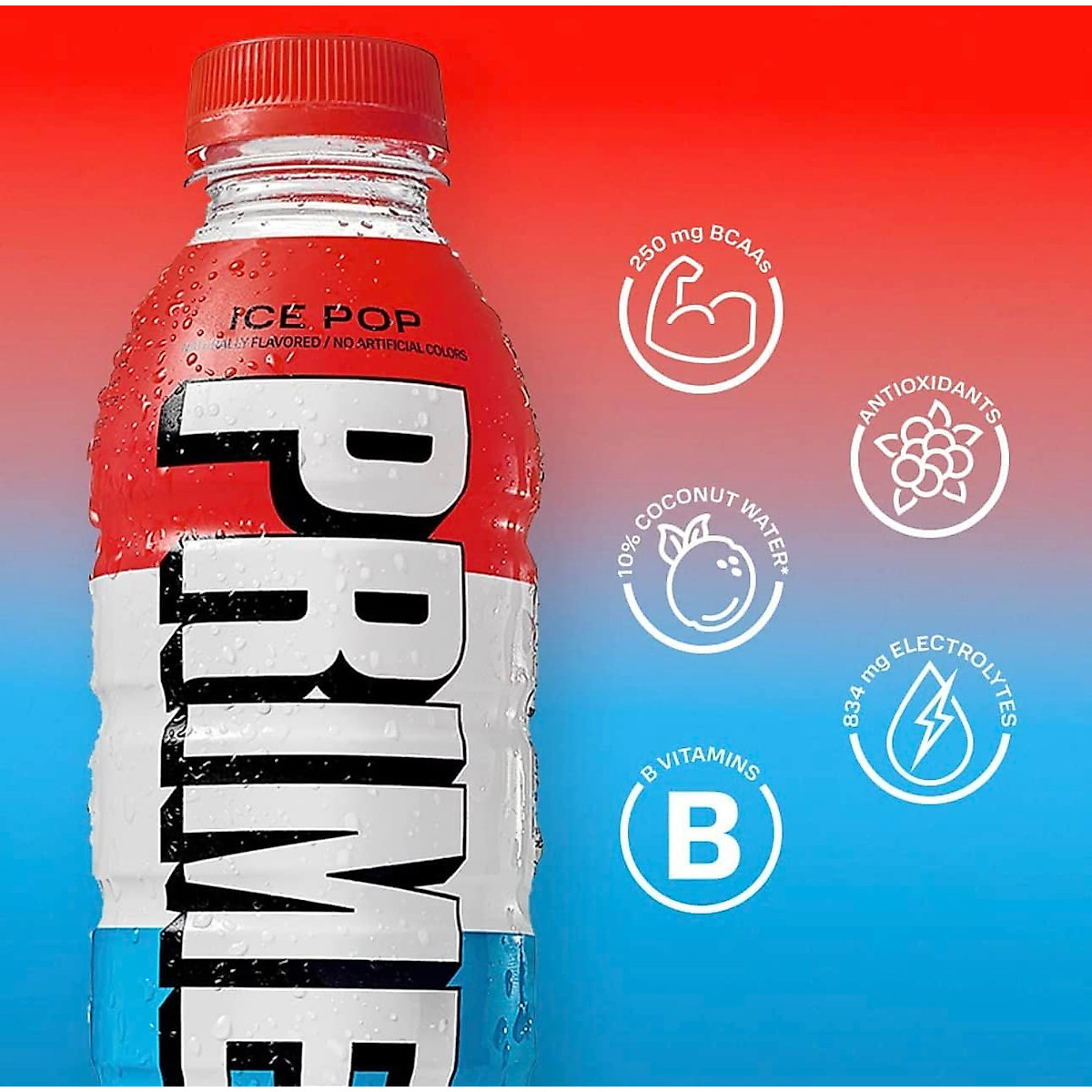 Prime Hydration Drink Sports Beverage "ICE POP," Naturally Flavored, 10% Coconut Water, 250mg BCAAs, B Vitamins, Antioxidants, 834mg Electrolytes, Only 20 Calories per 16.9 Fl Oz Bottle (Pack of 15)