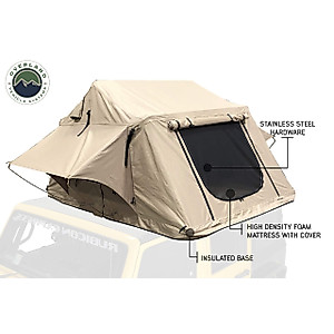 Overland Vehicle Systems TMBK 3 Person Roof Top Tent with Rain Fly Tan Body & Green Rainfly - Black Aluminum Base with Black Ladder - Universal Fitment
