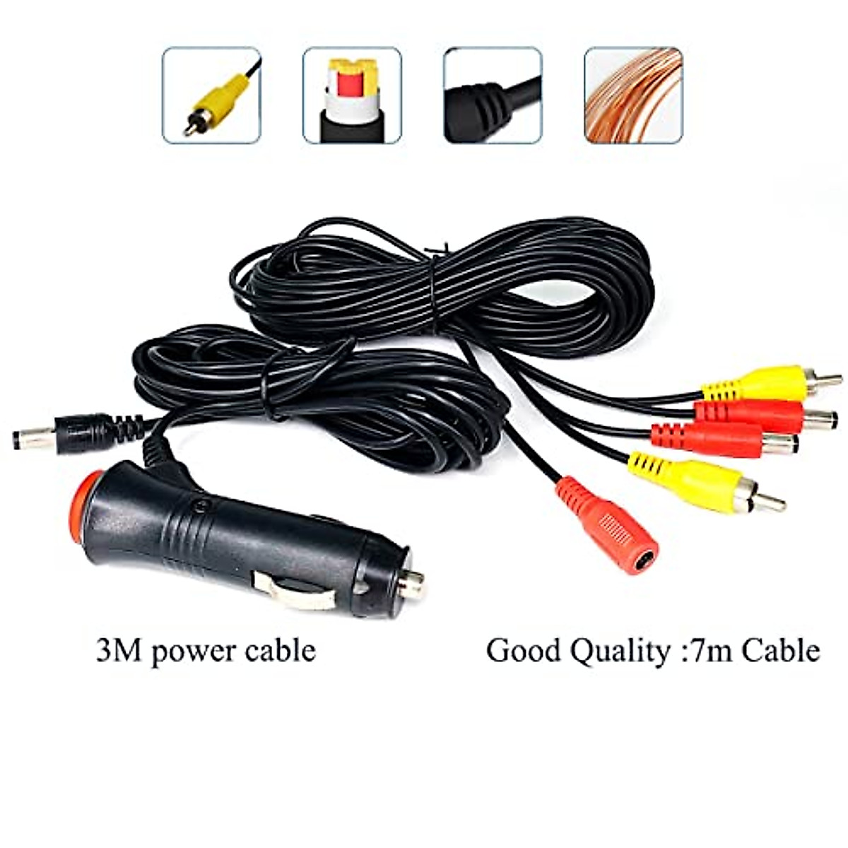 Universal 12V 24V Car Cigarette Lighter 7m Video Wire Cable + 3m RCA Video Power Cable Adapter Plug with Switch Power Cord for Rearview Camera Connect Car Monitor Power Wire Adapter Plug Easy Install
