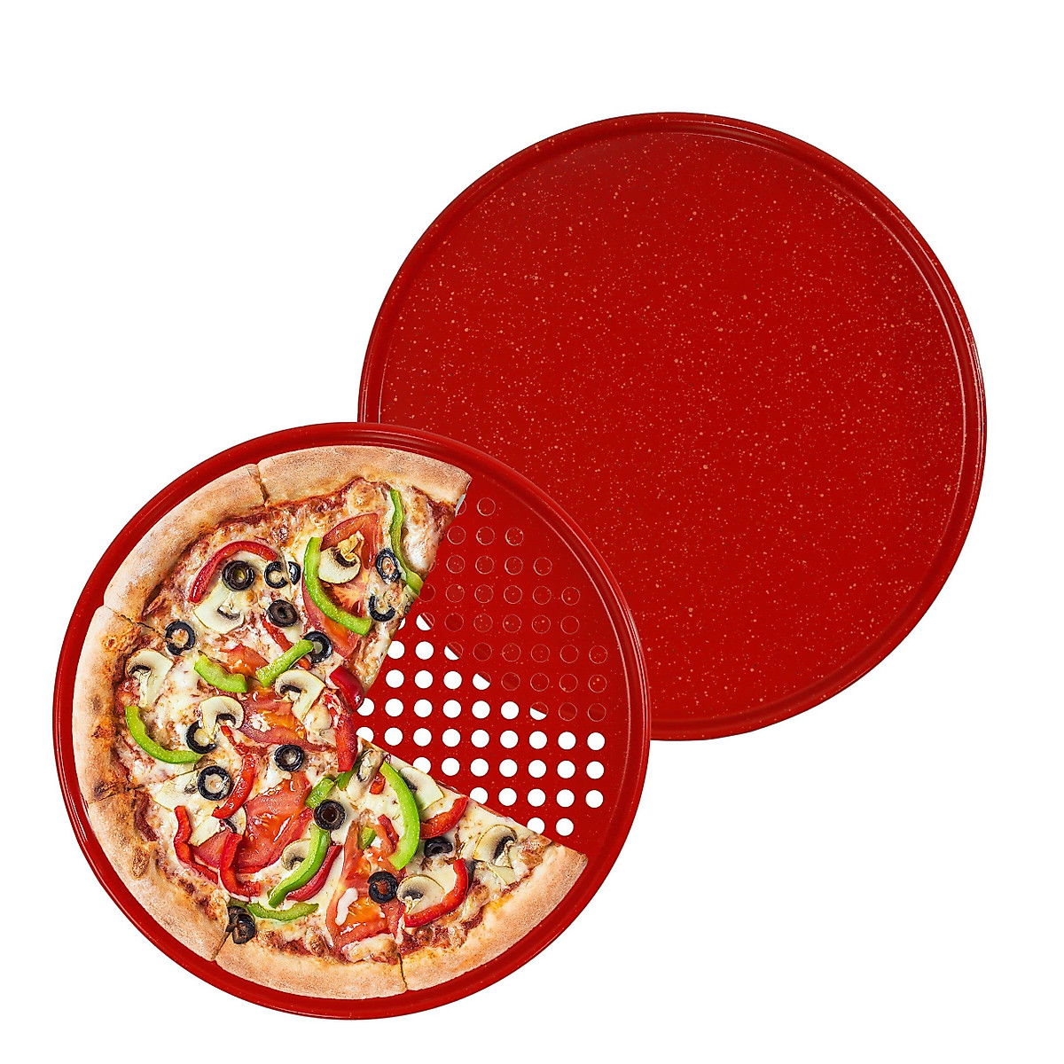 casaWare 2pc Ultimate Pizza Pan Set, (1) Ceramic Coated NonStick 12-inch Pizza Pan, (1) 12-inch Ceramic Coated NonStick Perforated Pizza Pan (Red Granite)