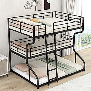 RORIGAT Metal Triple Beds Full XL Over Twin XL Over Queen Size, 3 Bunk Bed Frame with Long and Short Ladder for 3, Heavy Duty Bunk Beds for Kids Teens Adult,Black
