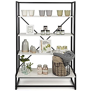 Displays2go Portable Shelving Display with 4 Tiers, Floor Standing, Paulownia Wood - White (SMPSU1SU)