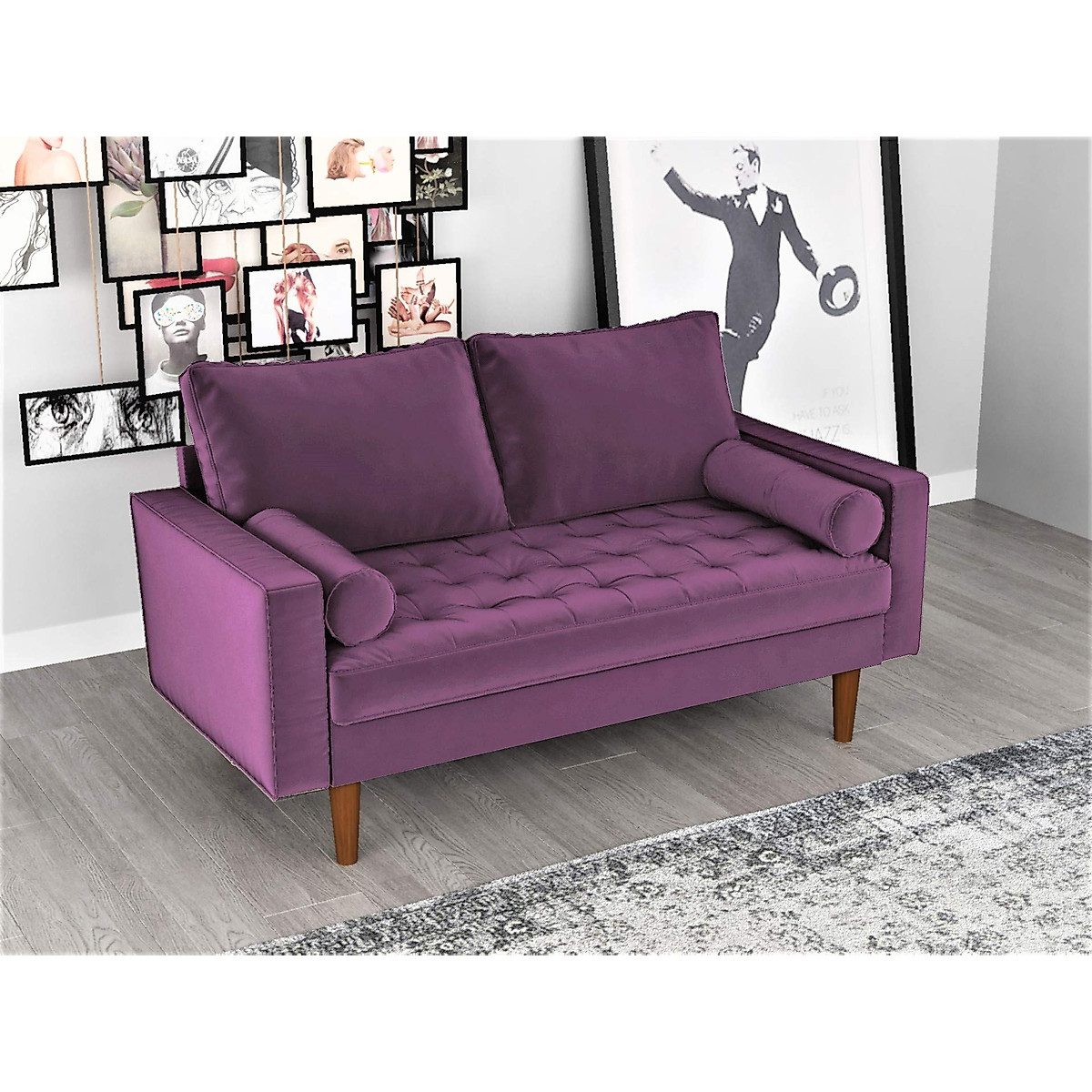 Container Furniture Direct Womble 58 Inch Velvet Loveseat Sofa with Elegant Button Tufted Upholstery, Square Arms, Splayed Wood Legs, Includes Matching Bolster Pillows, Eggplant