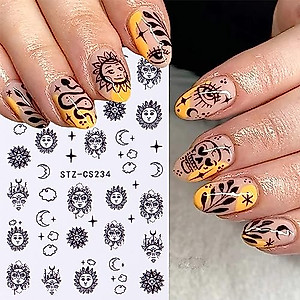 JMEOWIO 12 Sheets Moon Star Sun Nail Art Stickers Decals Self-Adhesive Pegatinas Uñas Black Nail Supplies Nail Art Design Decoration Accessories