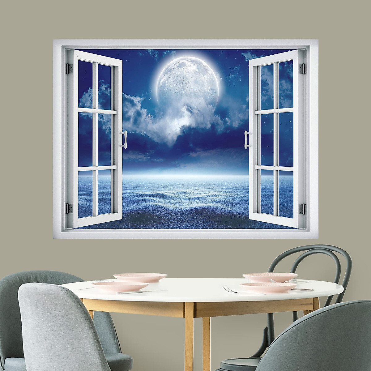 wall26 Removable Wall Sticker/Wall Mural Mystic Blue Full Moon Ocean Sea Horizon Astronomy & Space Nature Digital Art Realism Rustic Landscape Colorful for Living Room, Bedroom, Office - 36"x48"