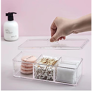 JRIQH 3 Grids Qtip Hold Dispenser.Qtip Organizers and Storage with Lid for Bathroom Vanity Countertop for Cotton Swabs,Cotton Rounds,Lipstick,Hairpin,Cosmetics (3 Grid transparent)