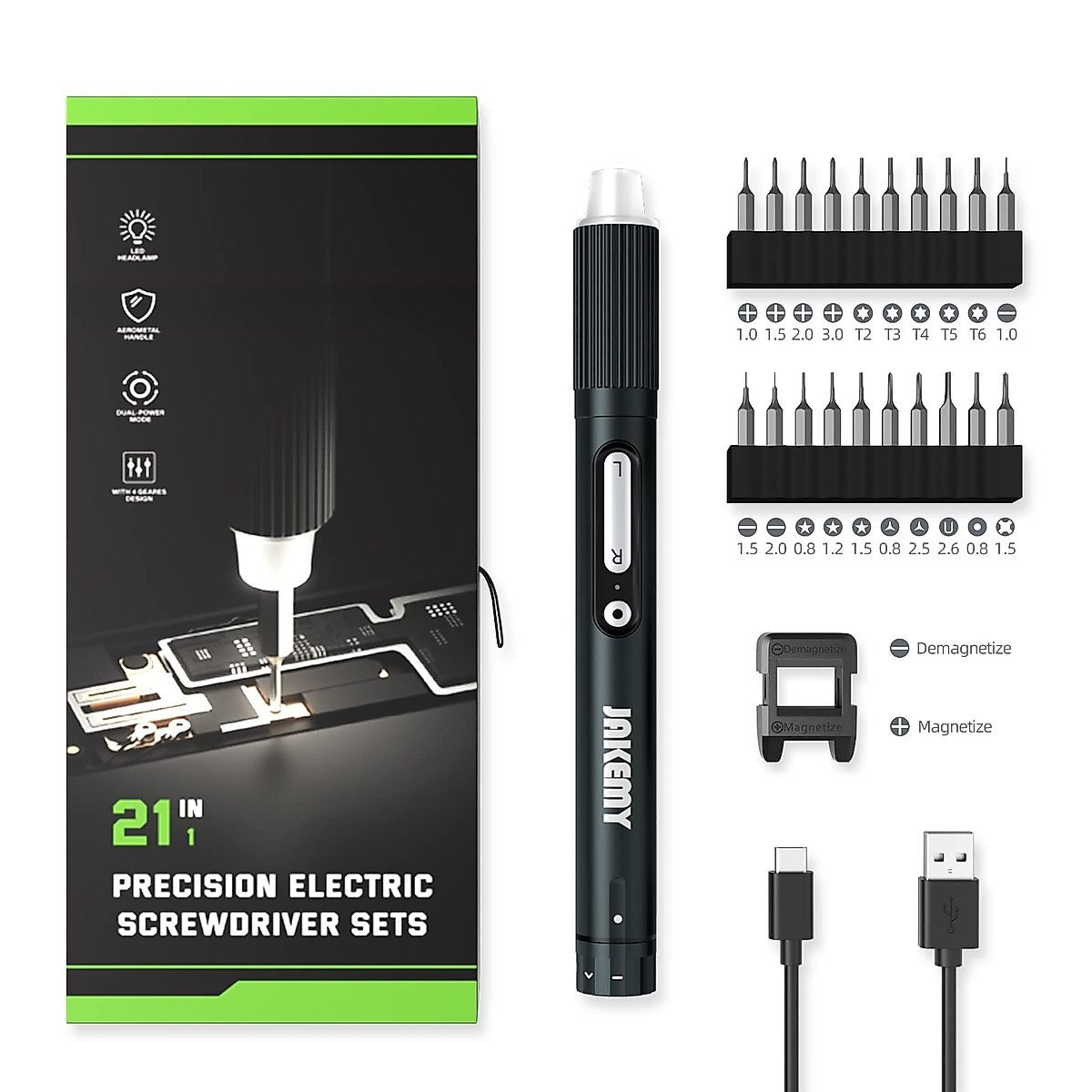 Compact Electric Screwdriver Set, JAKEMY Adjustable 3 Torque Cordless Screwdriver Set for Phone, Rechargeable Mini Power Screwdriver Kit for Electronics Repair with Shadowless LED Lamp