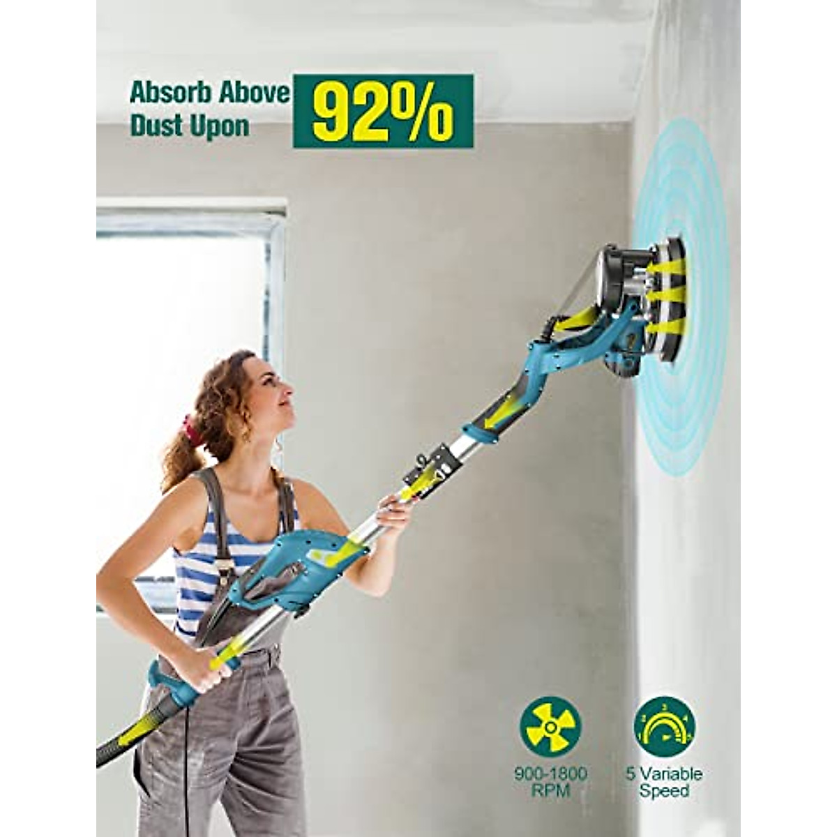 WAABENN Drywall Sander,900-1800rpm Electric drywall sander with vacuum,Foldable Retractable Wall Sander,LED Light,5 Adjustable Speeds12pcs Sandpaper