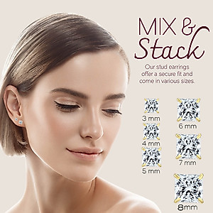 Solid 14k Yellow Gold Square Solitaire Cubic Zirconia Princess-cut Large CZ Stud Earrings for men and women (7mm)