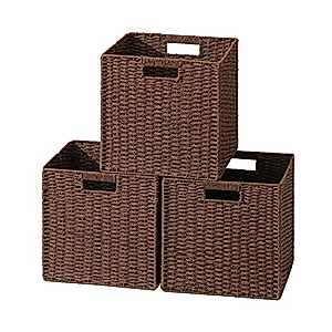 UBBCARE 3 Pack Wicker Basket, 11.8L×11.8H×11W inch Woven Paper Rope Storage Baskets for shelves, Foldable Cube Storage bin with Handle, Storage Basket for Organizing & Decor, Brown
