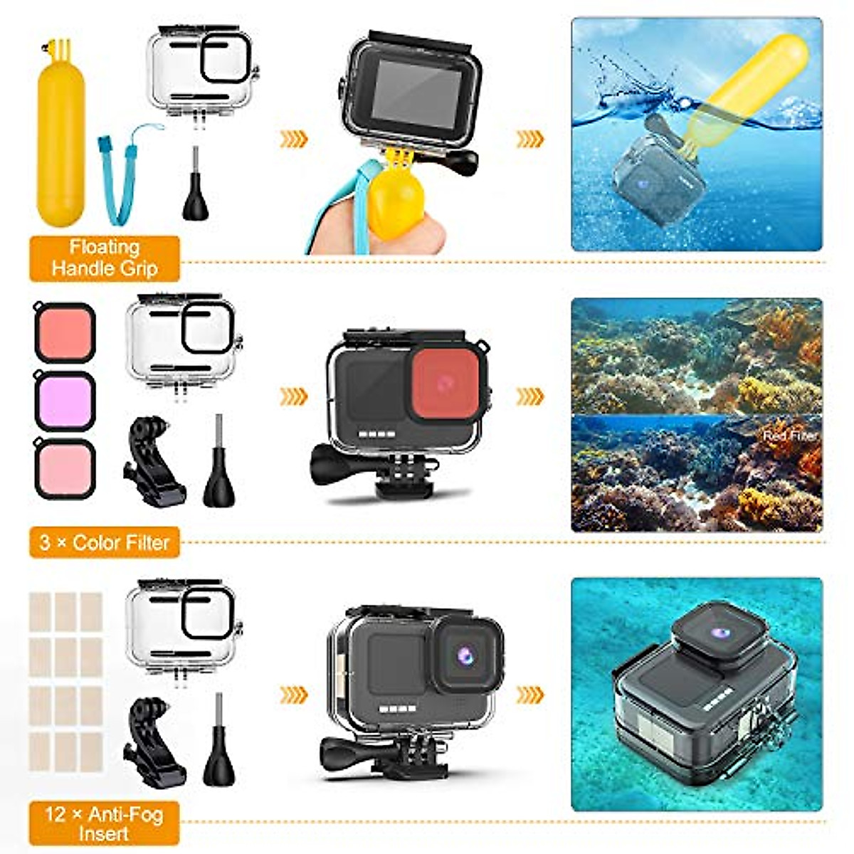 Kuptone 52 in 1 Accessories Kit Bundle for Gopro 11 10 9 Waterproof Housing Filters Silicone Case Head Chest Strap Suction Cup/Bike Mount Floating Grip